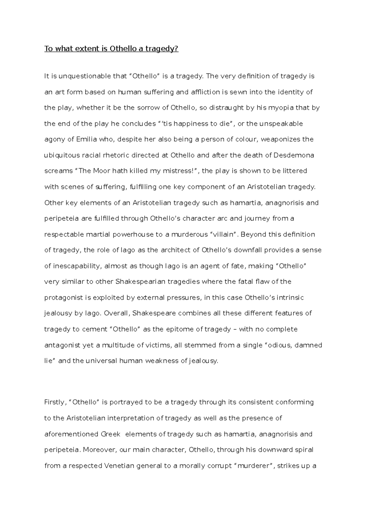 Othello Tragedy Essay - To what extent is Othello a tragedy? It is ...