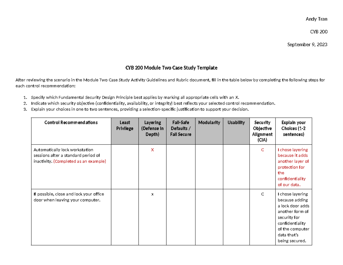 CYB 200 Module Two Case Study - Specify which Fundamental Security Design Principle best applies ...