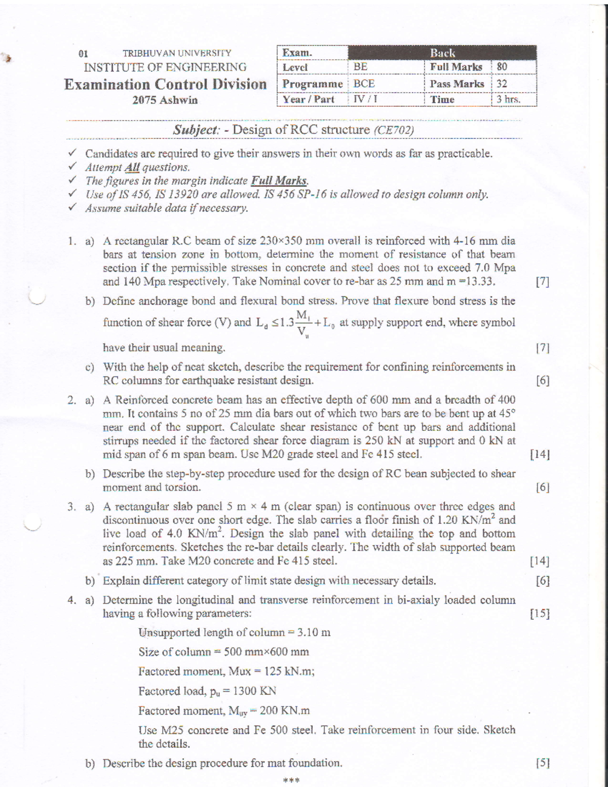 Design of RCC Structures Old Questions - TRIBHUVAN UNIVERSITY INSTITUTE ...