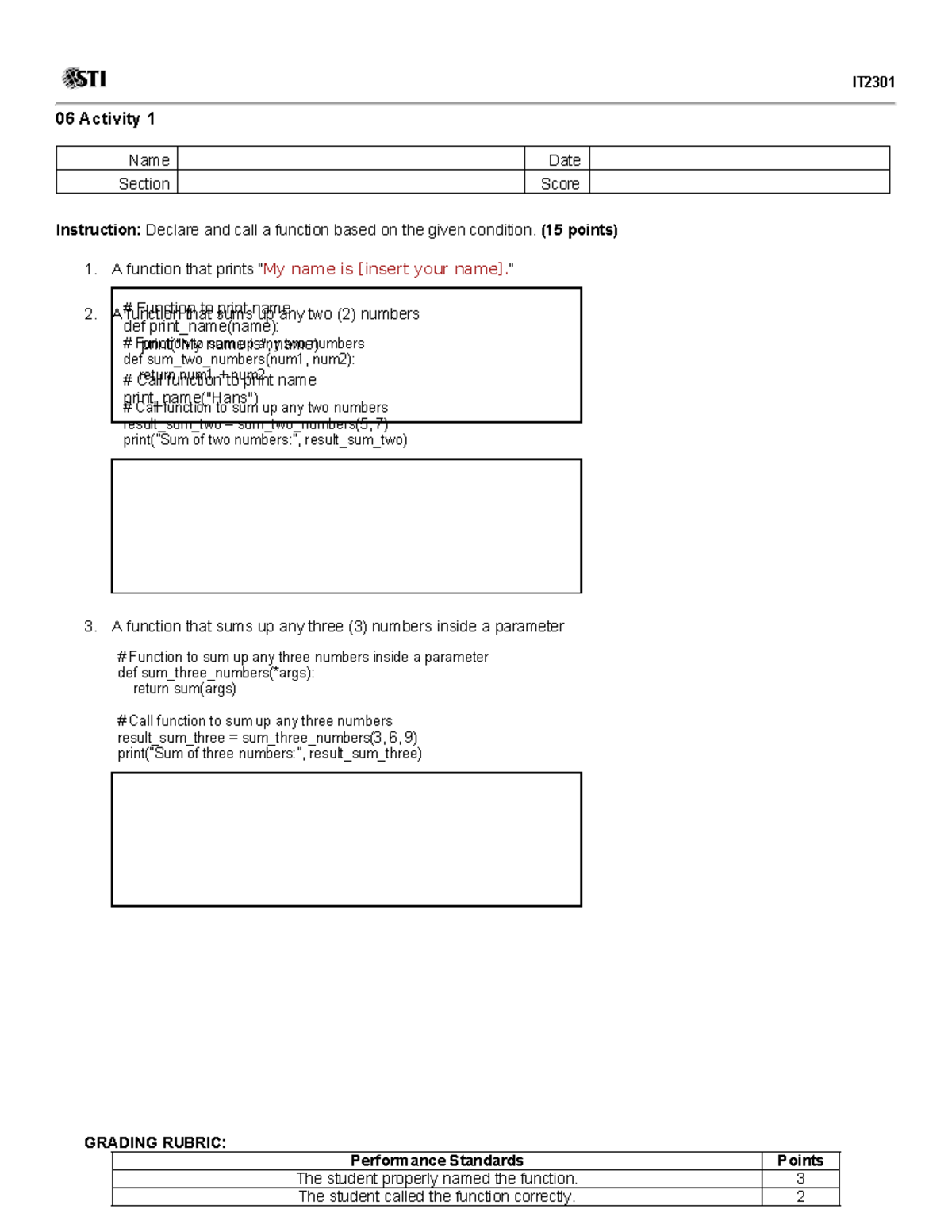 06 Activity 1(Web Sys) - 06 Activity 1 IT Name Date Section Score Instruction: Declare and call ...