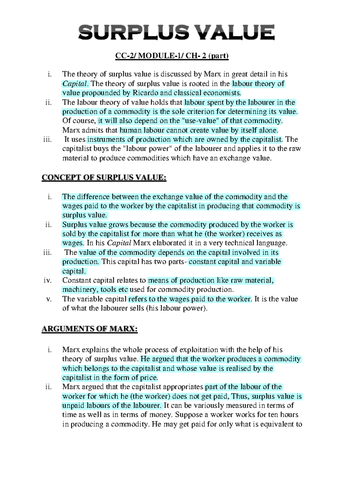 Surplus Value - CC-2/ MODULE-1/ CH- 2 (part) i. The theory of surplus ...