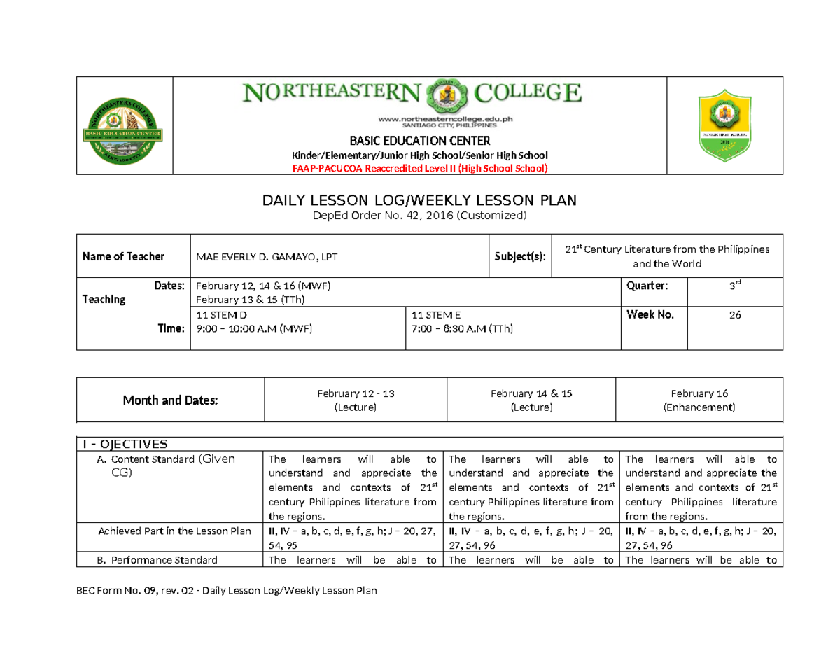 Week 26 Lesson 2 Representative Texts - BASIC EDUCATION CENTER Kinder/Elementary/Junior High ...