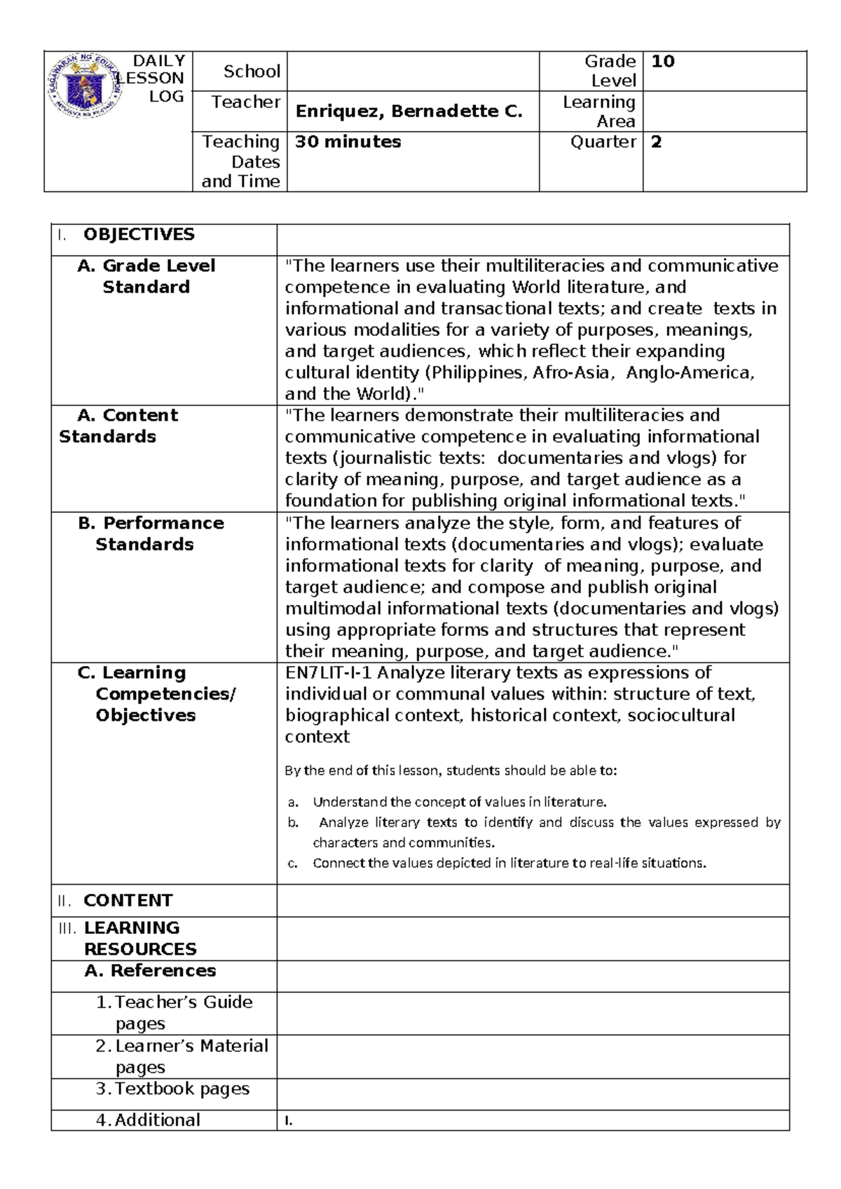 DLP-Template - This is a lesson plan - DAILY LESSON LOG School Grade ...