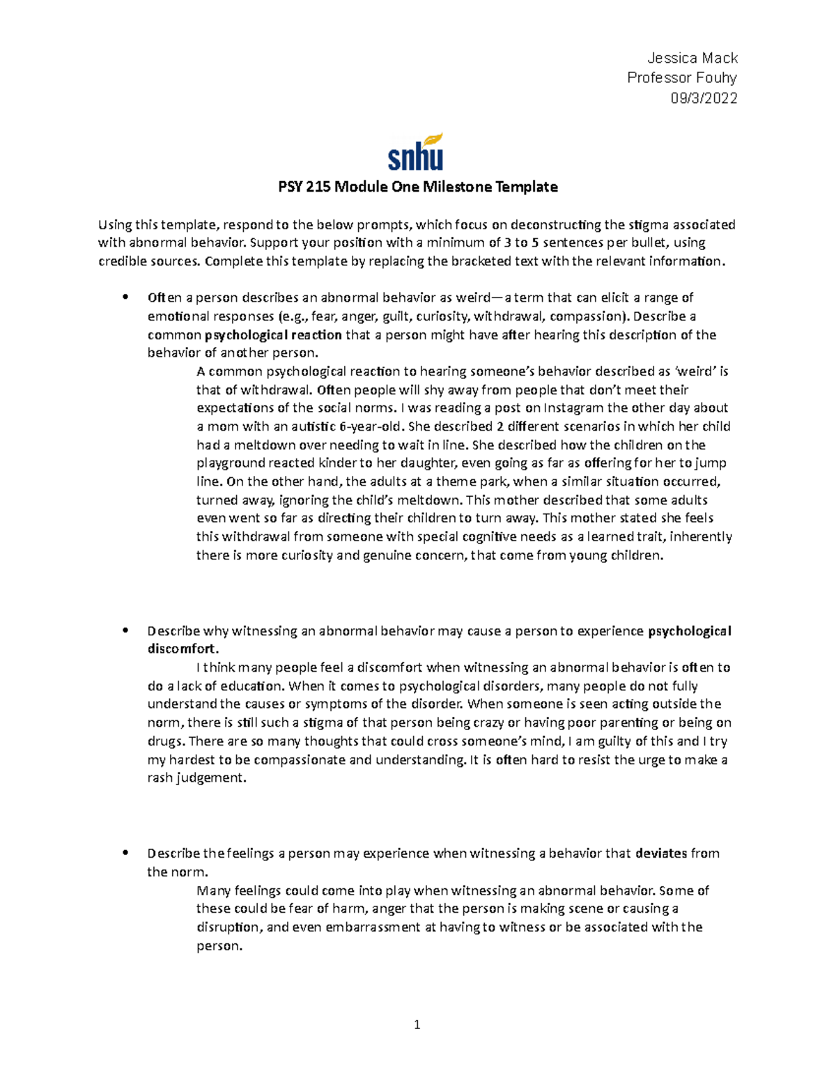 PSY 215 Module One Milestone- Mack - Jessica Mack Professor Fouhy 09/3 ...