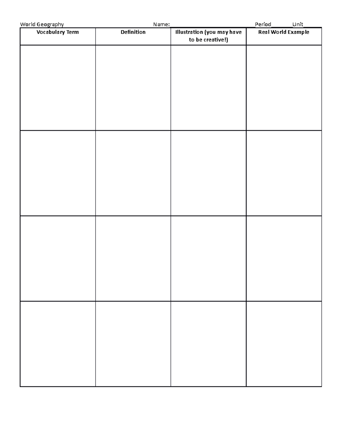 Vocab 4x4 graphic organizer - World Geography Name ...