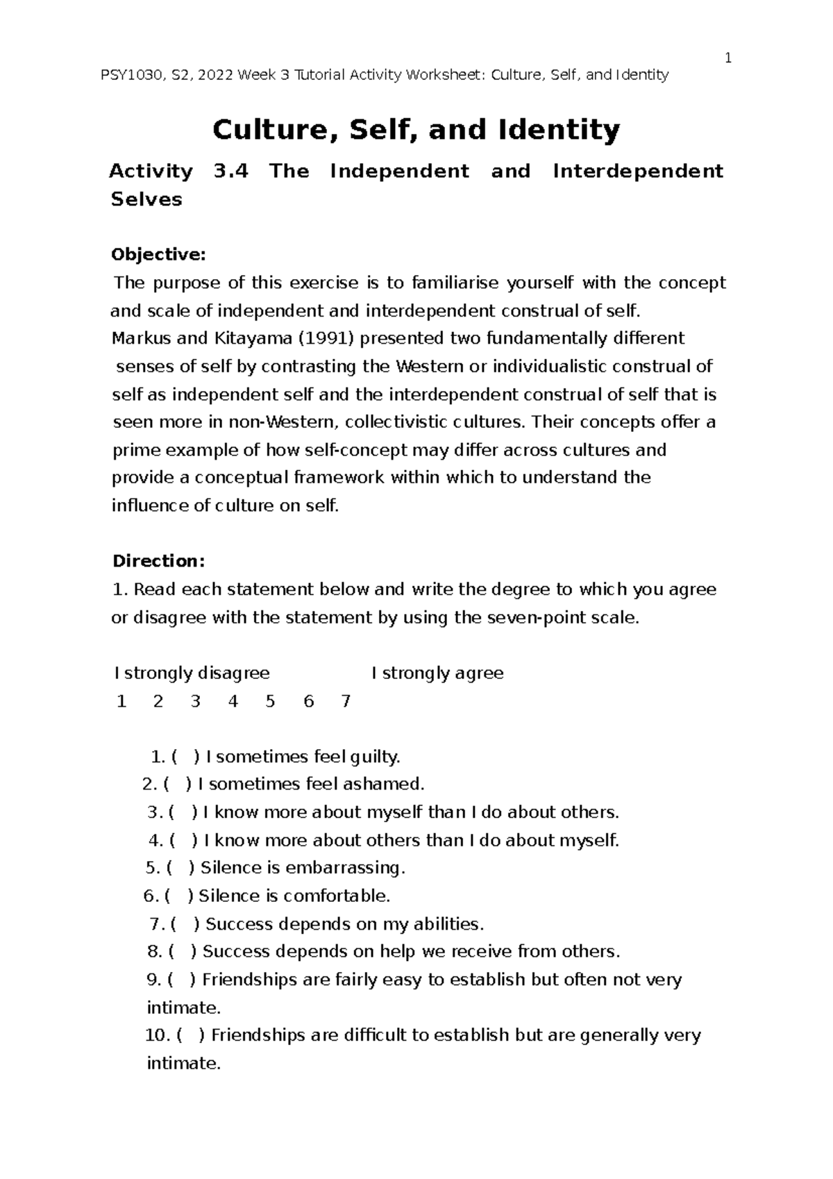 Week 3 Class Activities Worksheet 2 - Self and Identity - PSY1030, S2 ...
