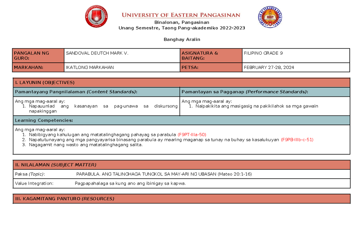 Parabula BANGHAY ARALIN 2024 batchelor of secondary education filipino ...