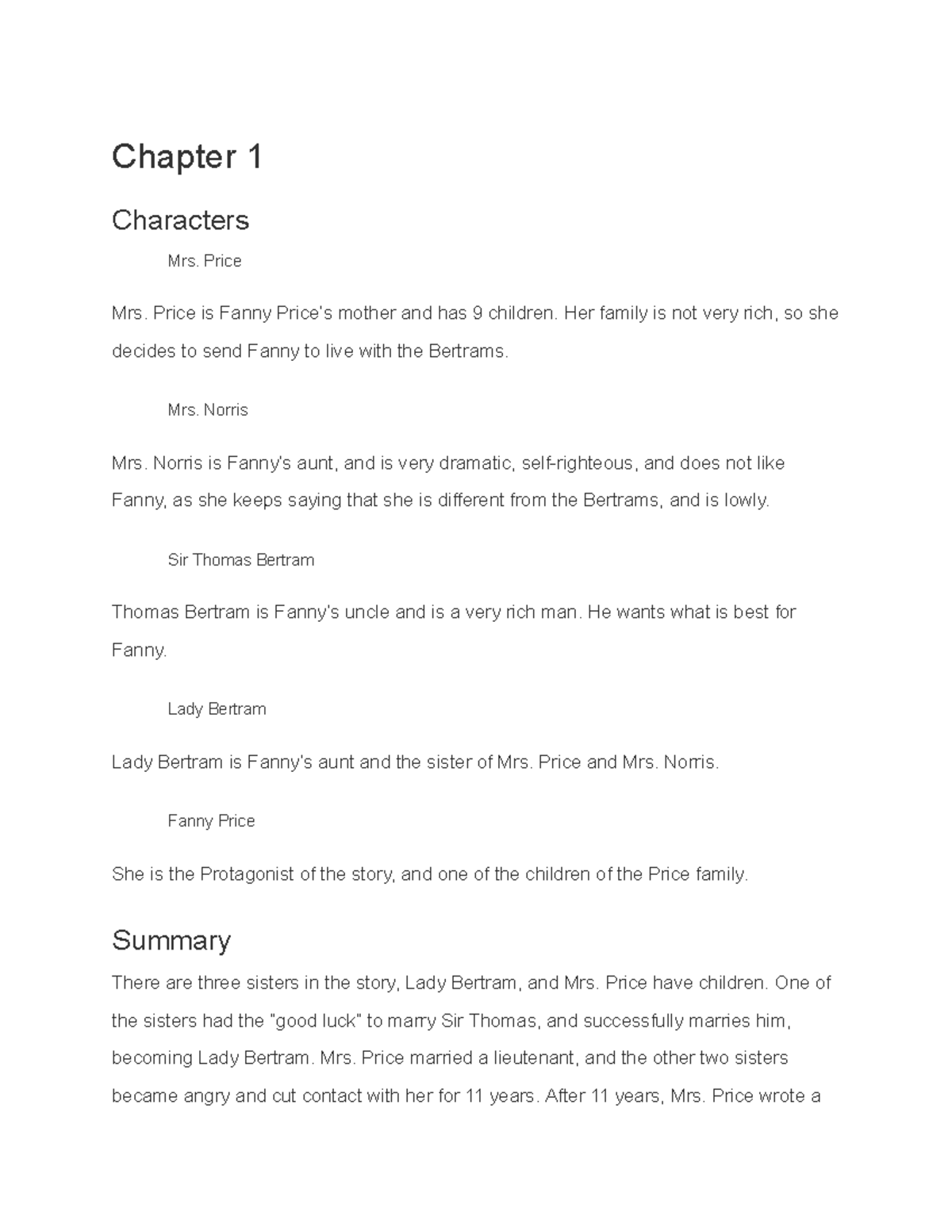 Essay on Mansfield Park Summary of Chapters and Character Analysis ...