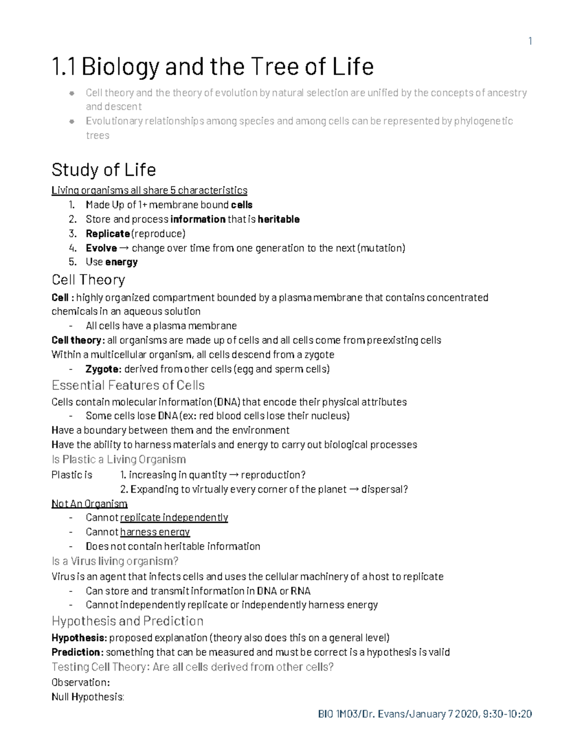 BIO 1M03 - Lecture 1 - 1 1 Biology and the Tree of Life Cell theory and ...