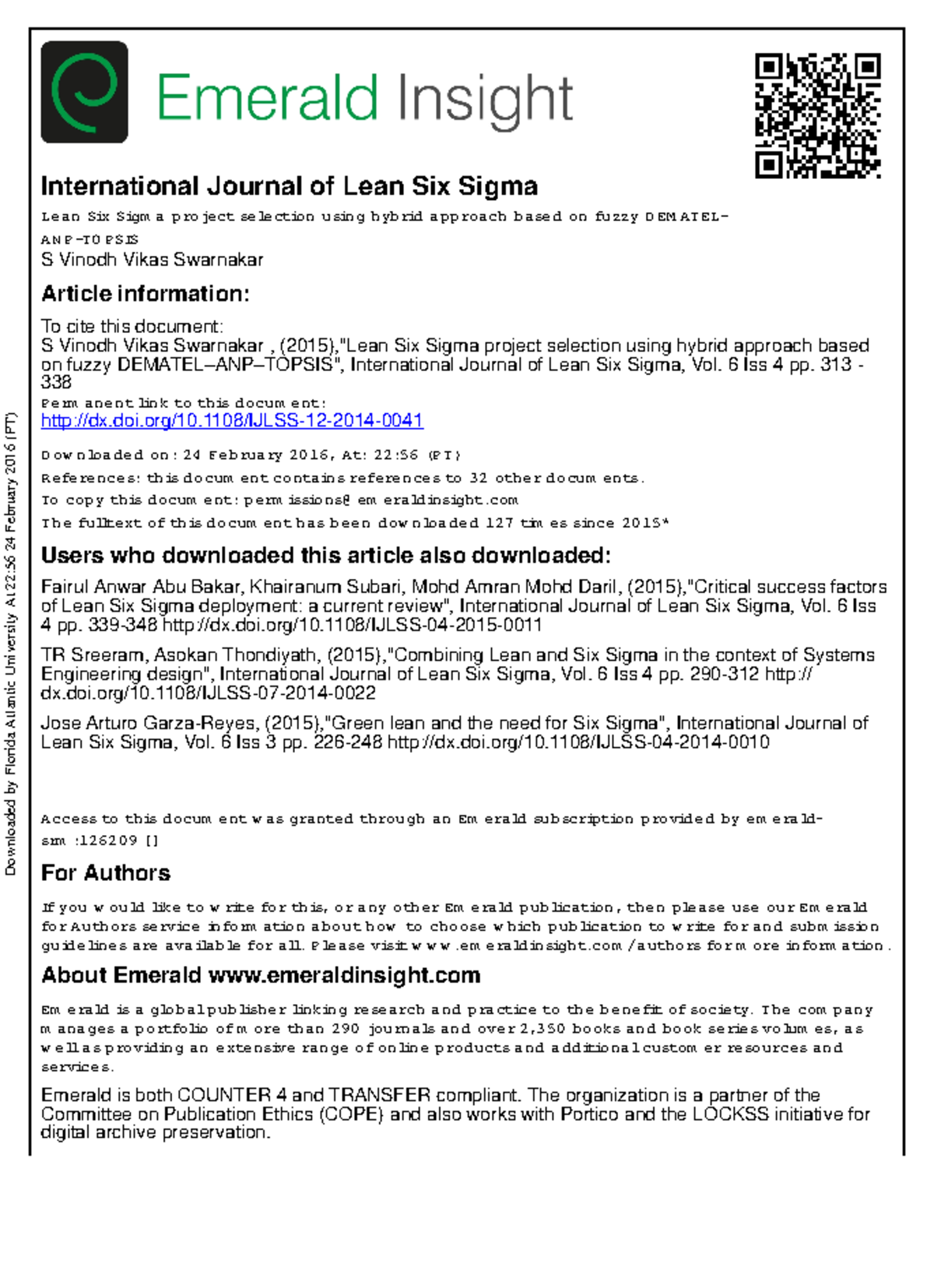 Lean Six Sigma Project Selection Using Hybrid Approach Based On Fuzzy De 6 Iss 4 Pp 313 338