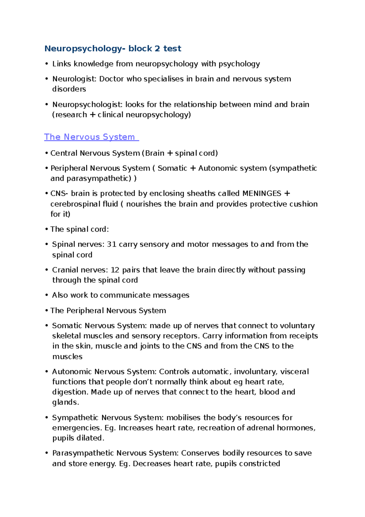 Notes 2 - neuropsychology - block 2 test Links knowledge from ...