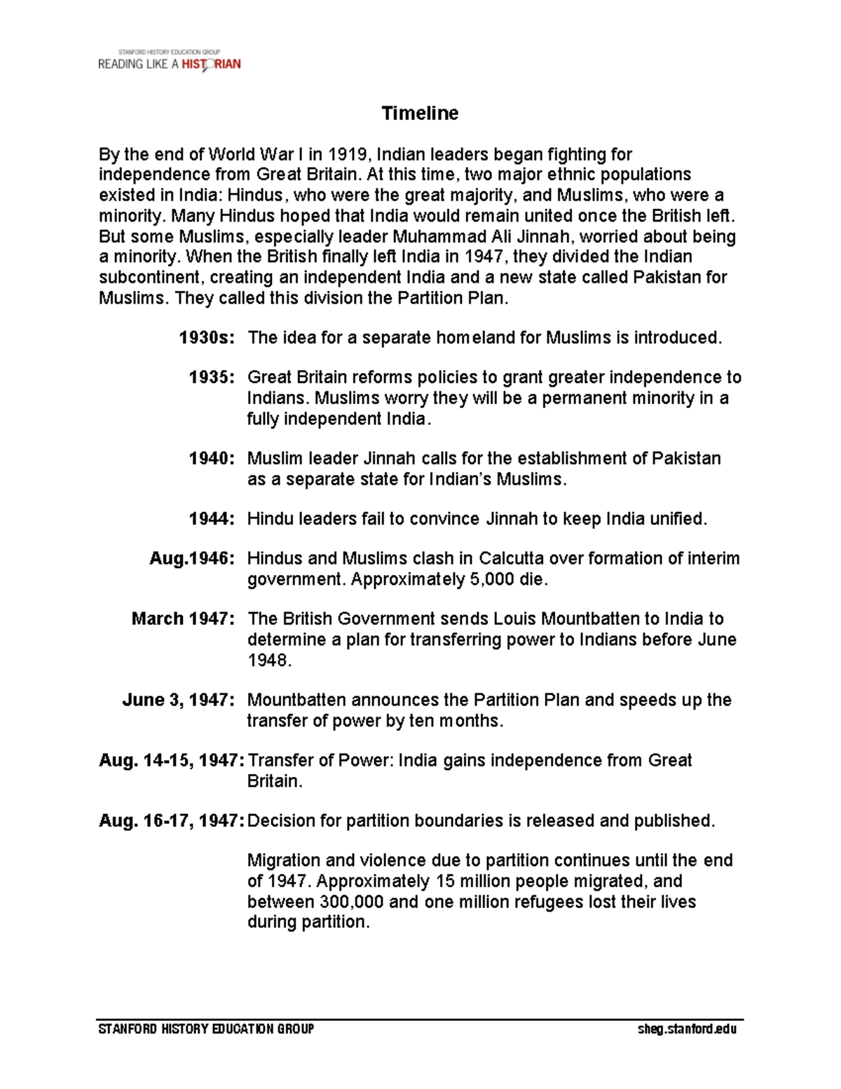 India Partition Student Materials - Timeline By the end of World War I ...