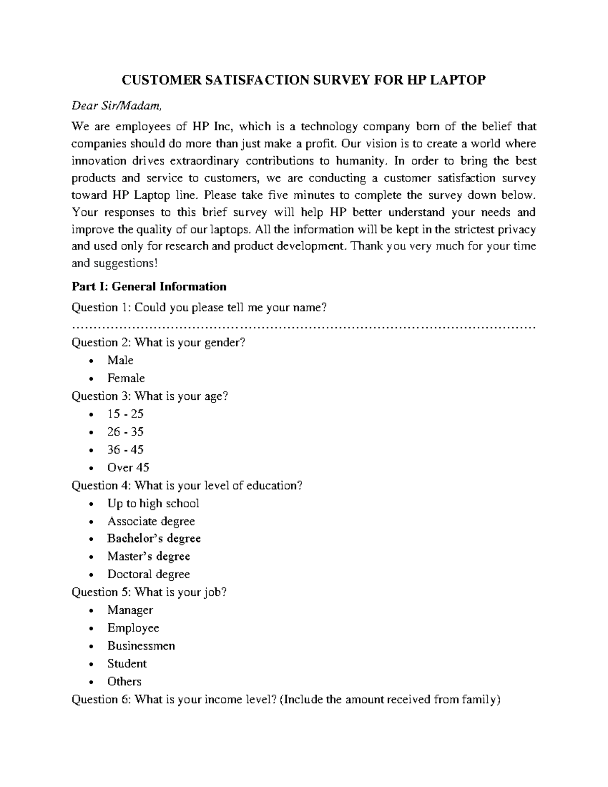 Customer satisfaction survey - CUSTOMER SATISFACTION SURVEY FOR HP ...