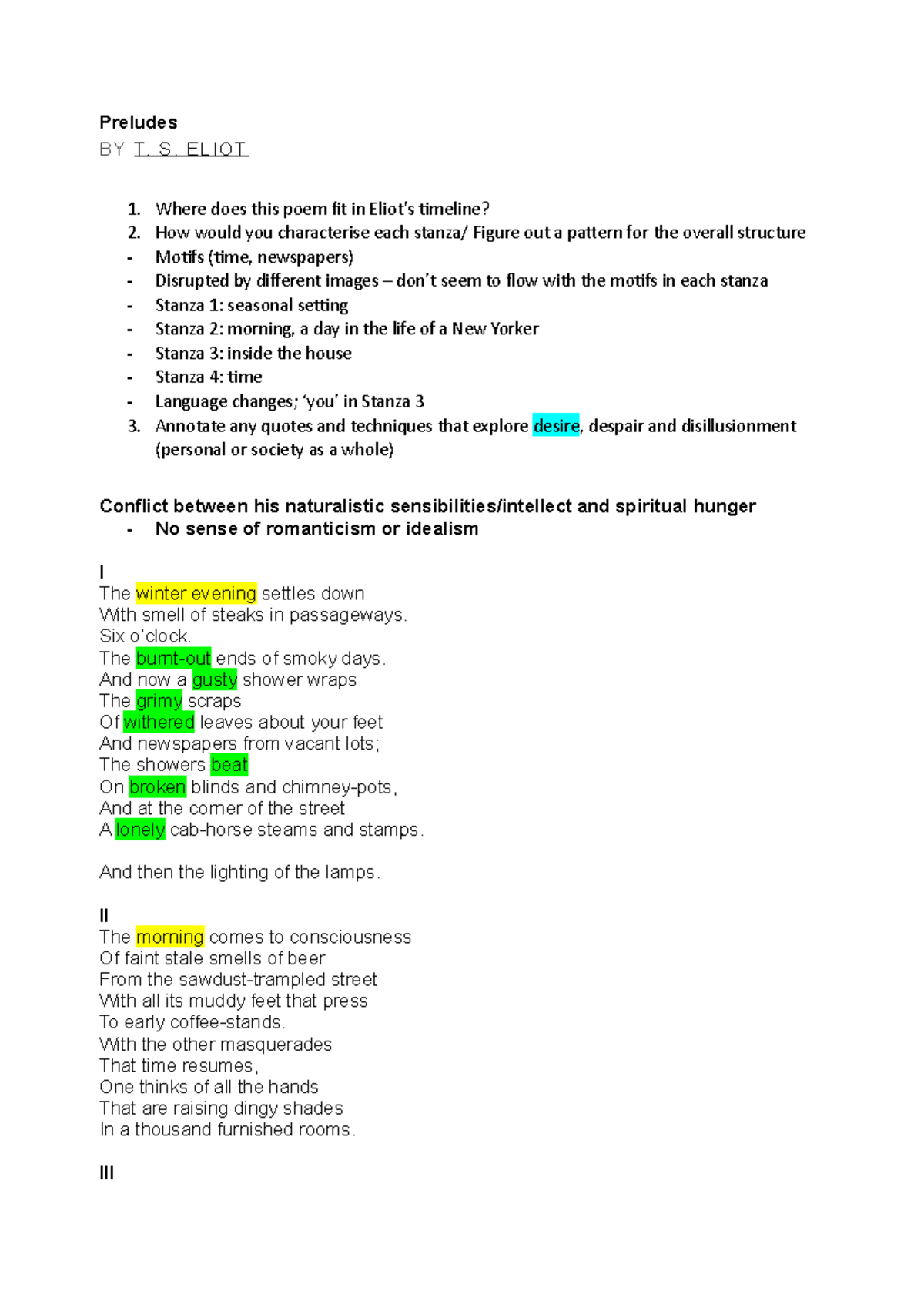 Preludes - annotated poem (2020) - Preludes B Y T. S. E L I O T Where ...