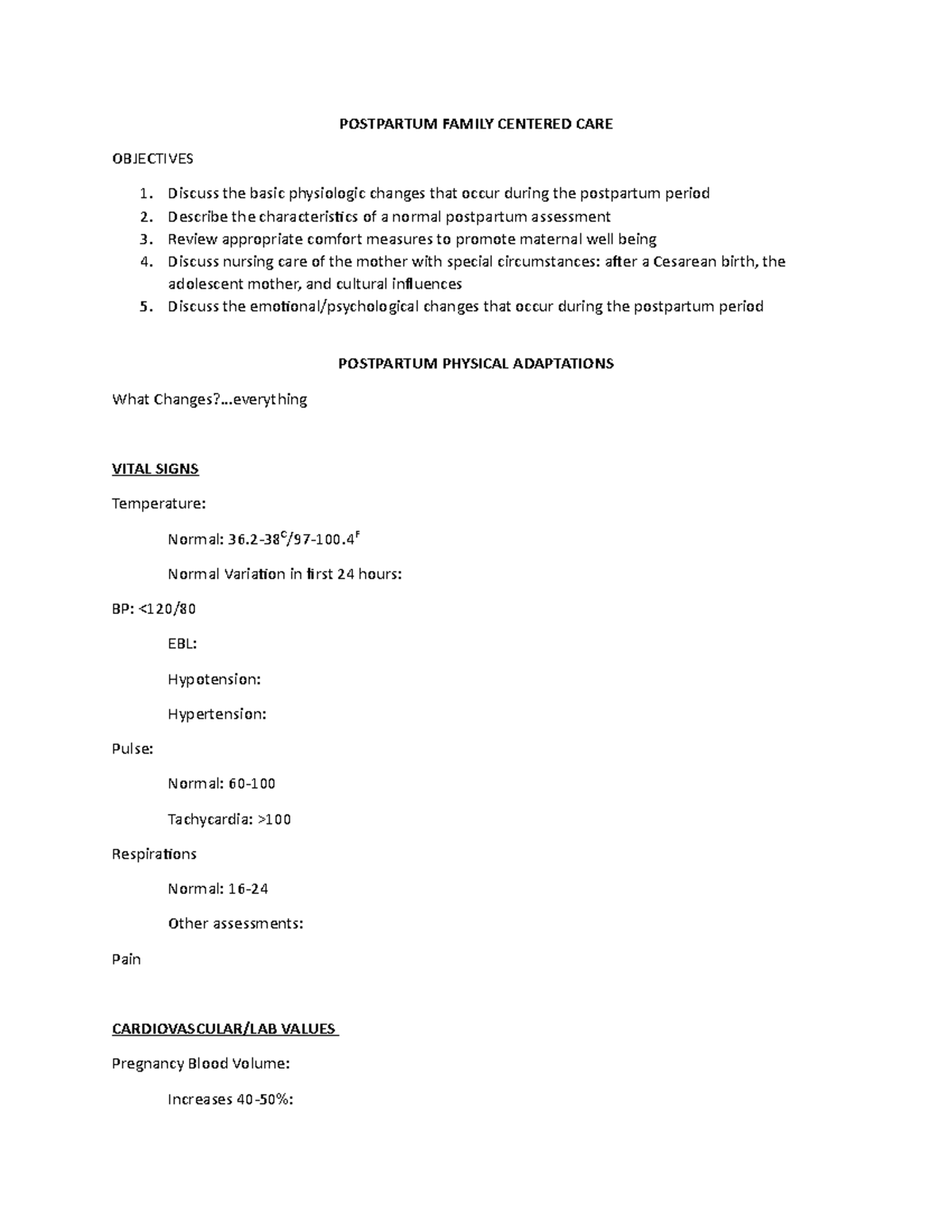 2020 Postpartum outline - POSTPARTUM FAMILY CENTERED CARE OBJECTIVES ...