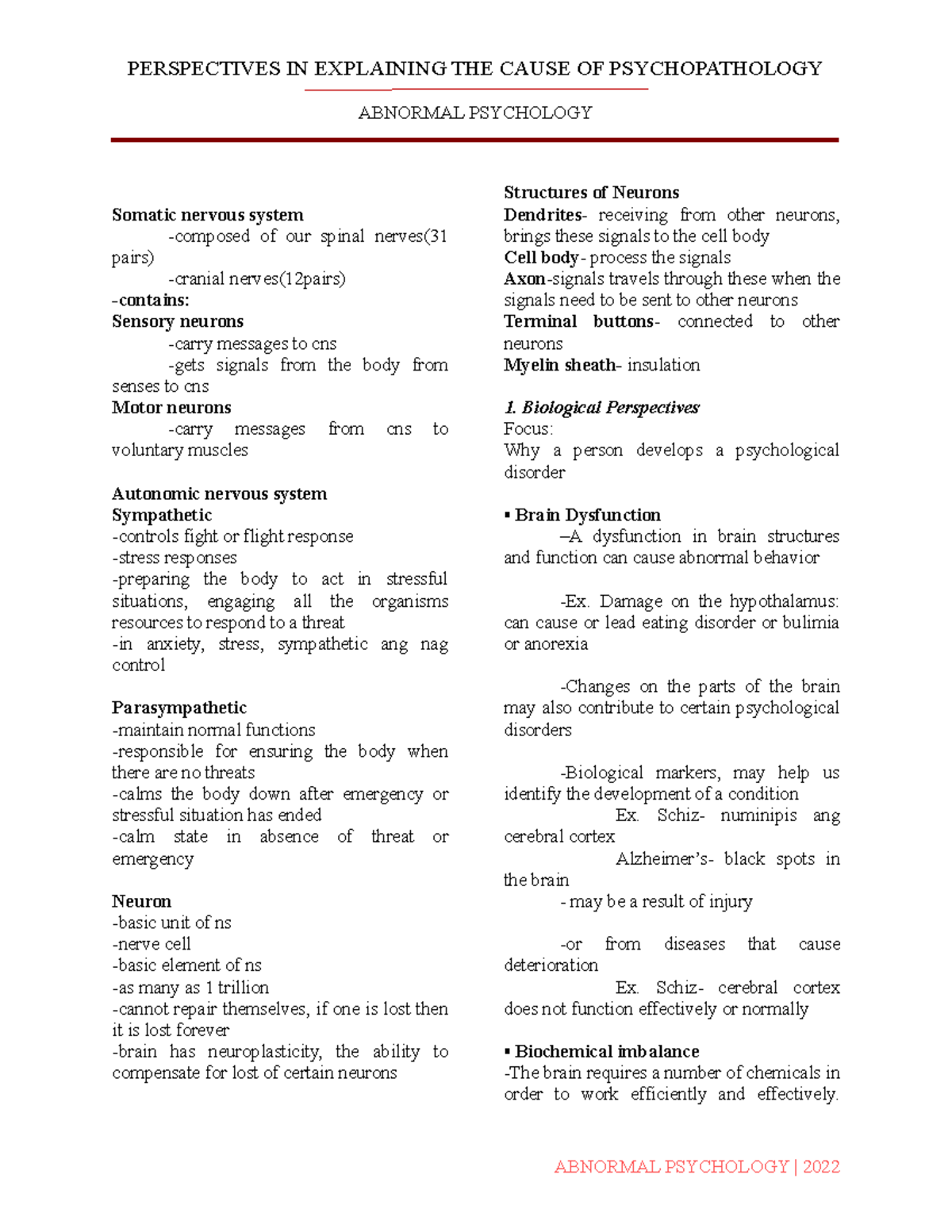 6 - Abnormal psychology - ABNORMAL PSYCHOLOGY Somatic nervous system ...