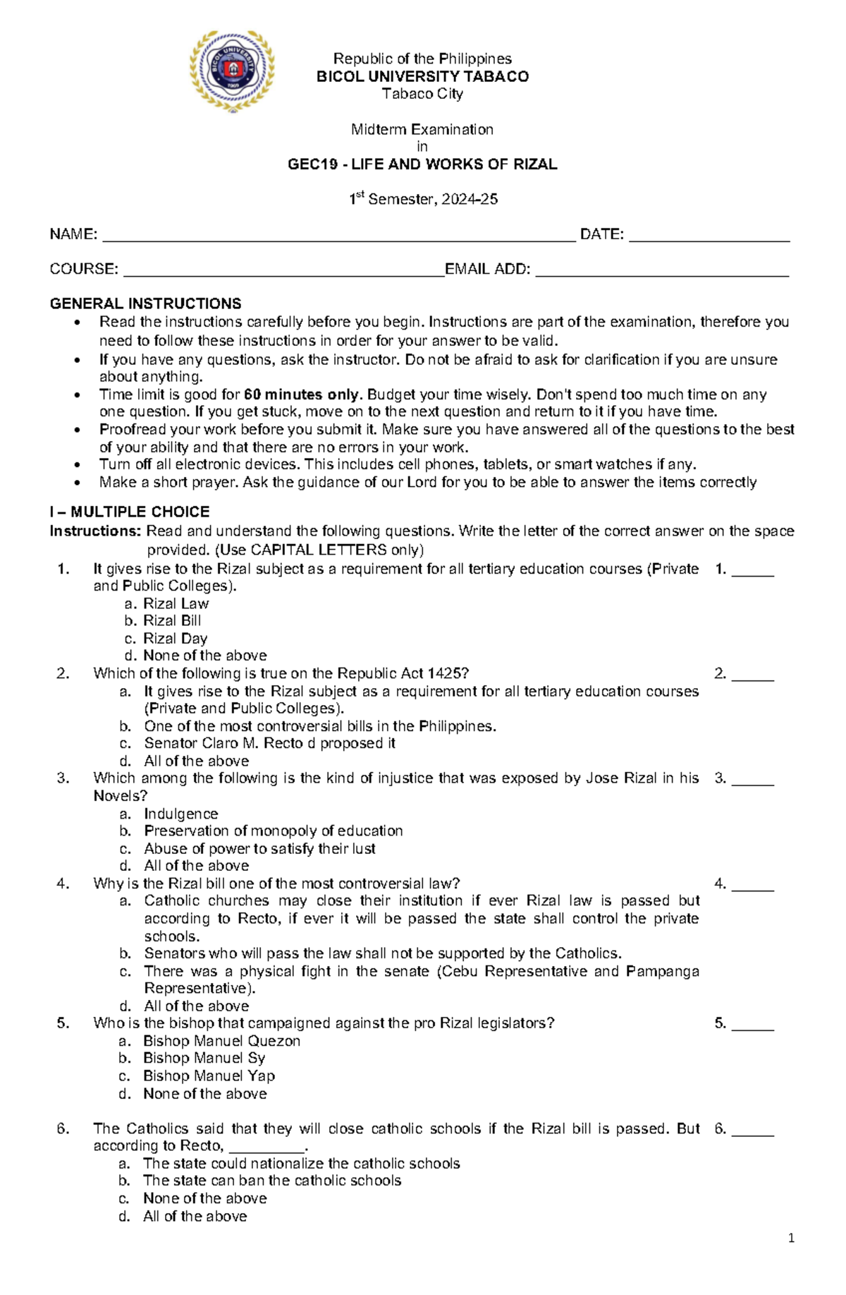 Sample-Exam-Tertiary - Republic of the Philippines BICOL UNIVERSITY ...