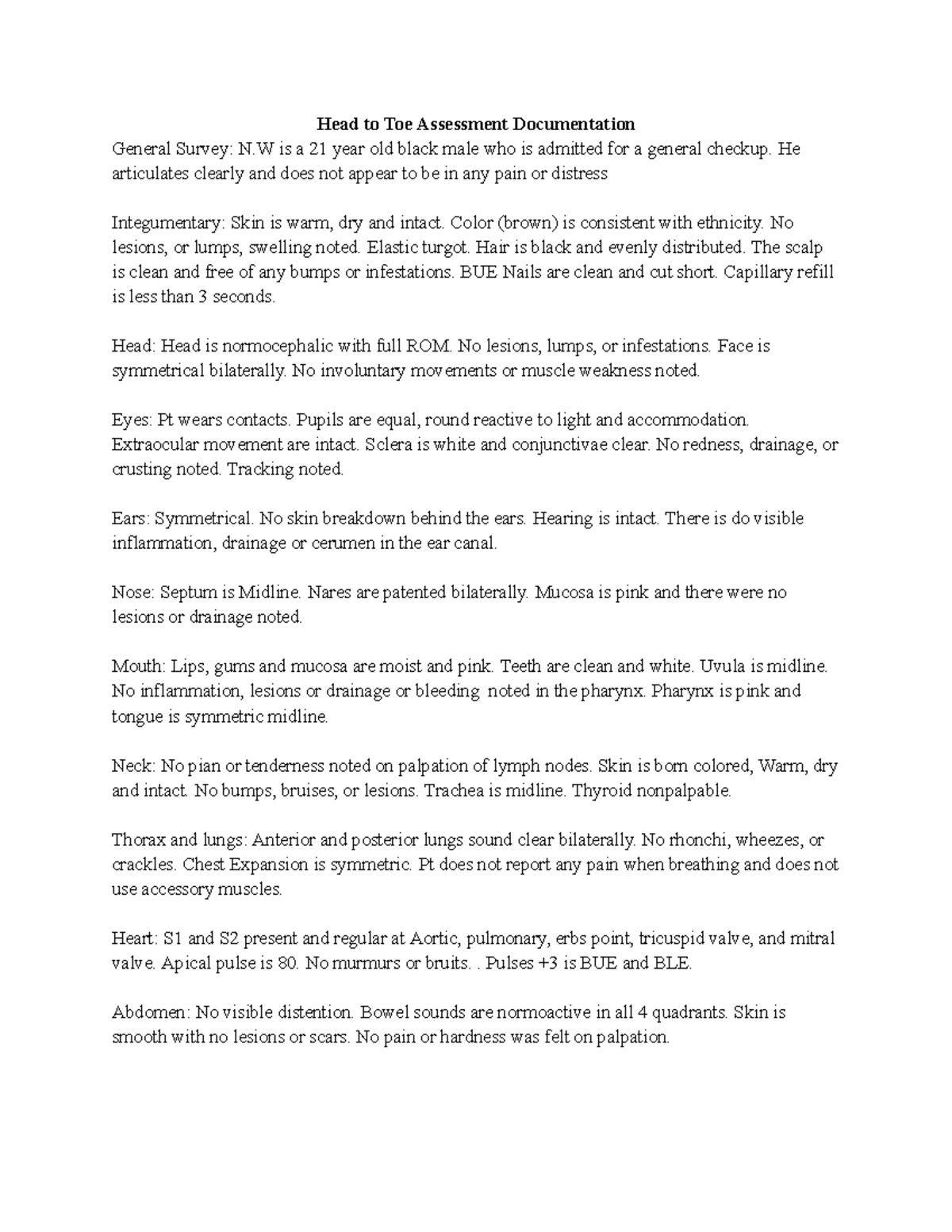 Head to Toe Documentation - Head to Toe Assessment Documentation ...