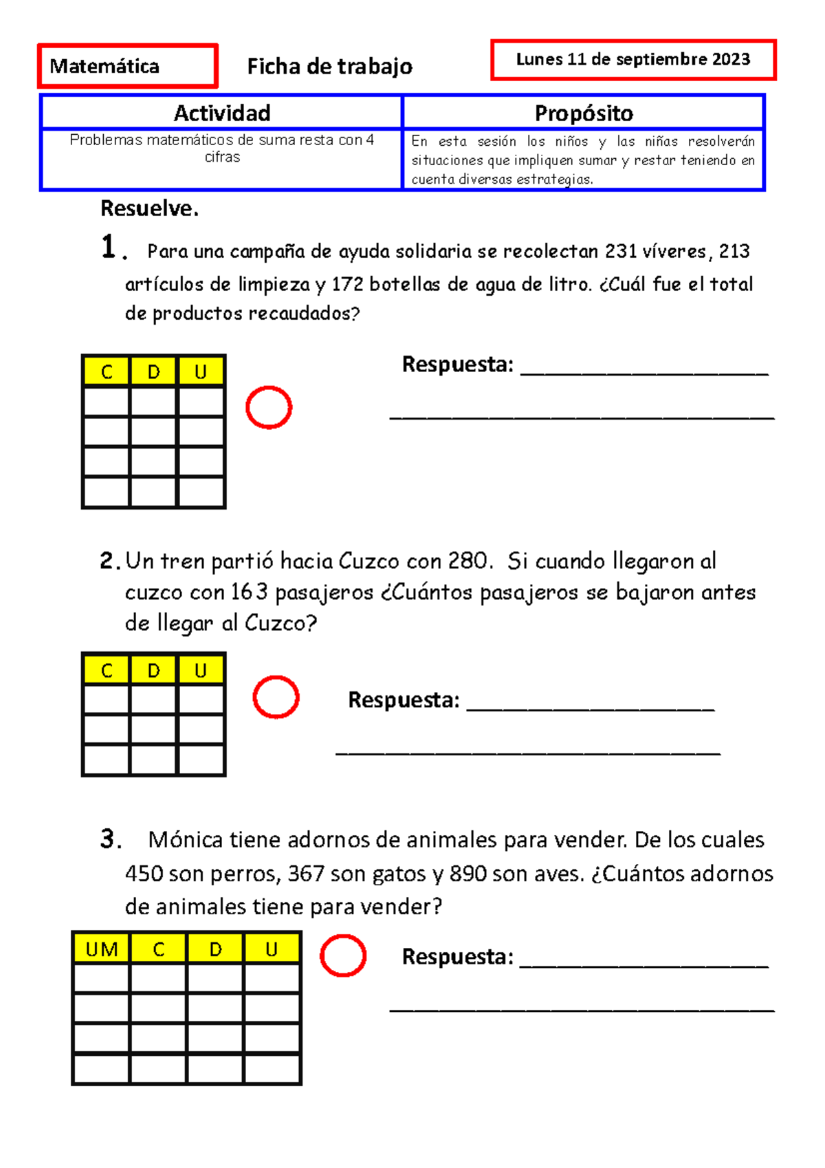 Ficha de problemas suma y resta 11 - Ficha de trabajo Actividad ...