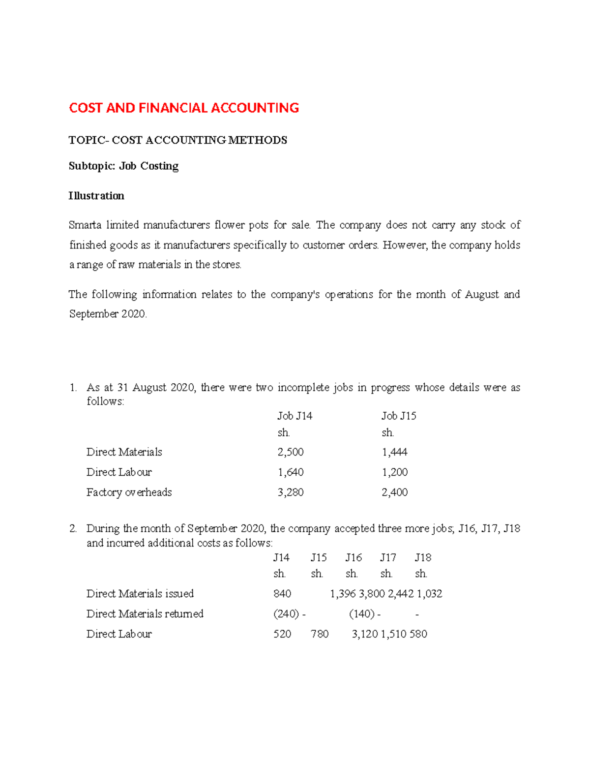Job Costing - Class work assignment - COST AND FINANCIAL ACCOUNTING ...