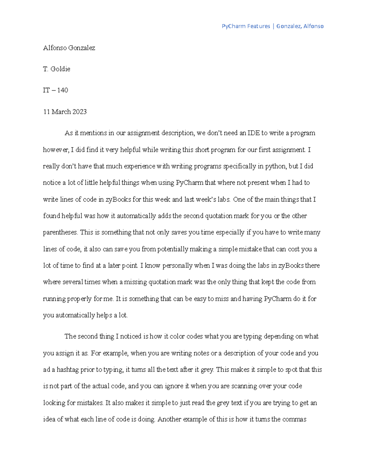 It140 week2assignmentpart B - PyCharm Features | Gonzalez, Alfonso ...