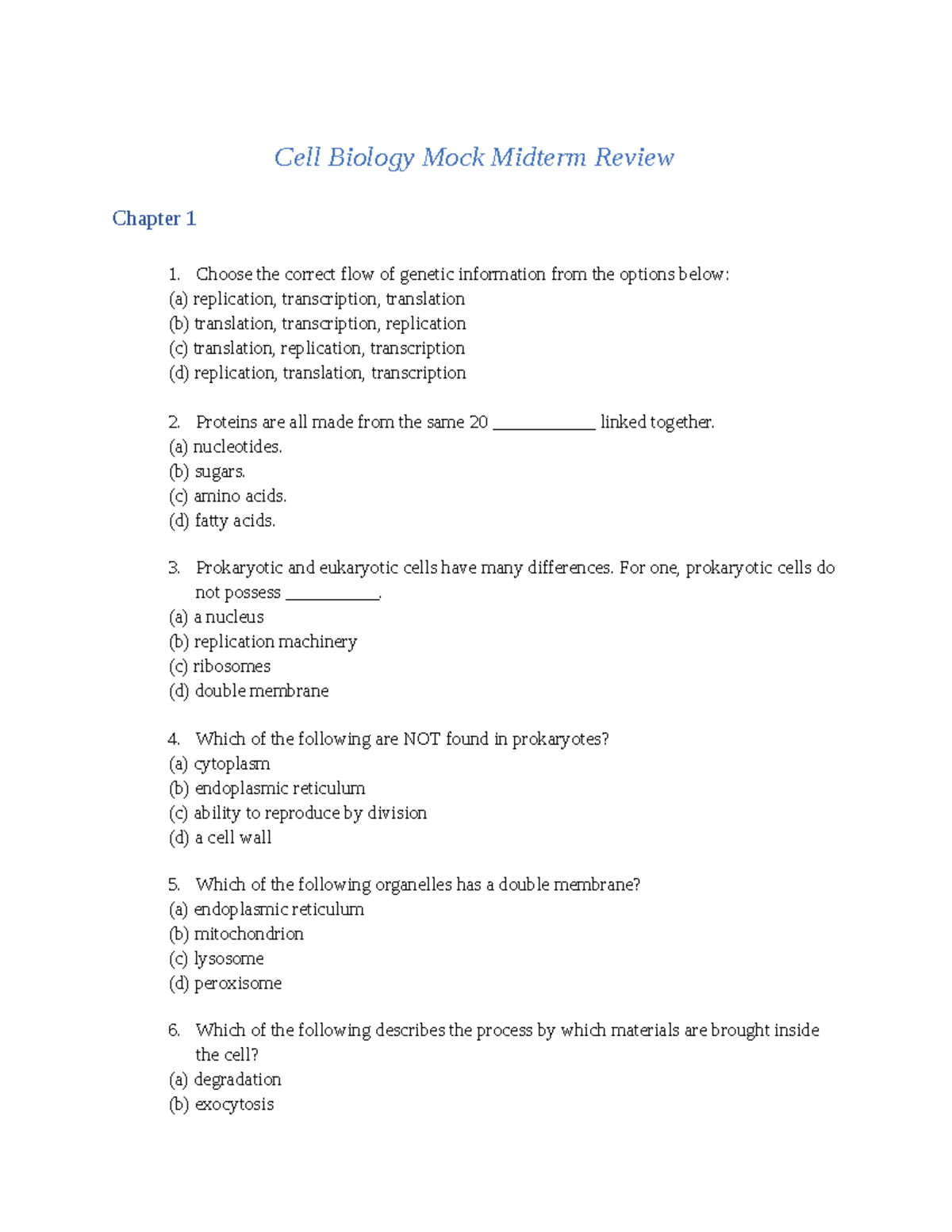 Cell Biology Mock Midteeview - Cell Biology Mock Midterm Review Chapter ...