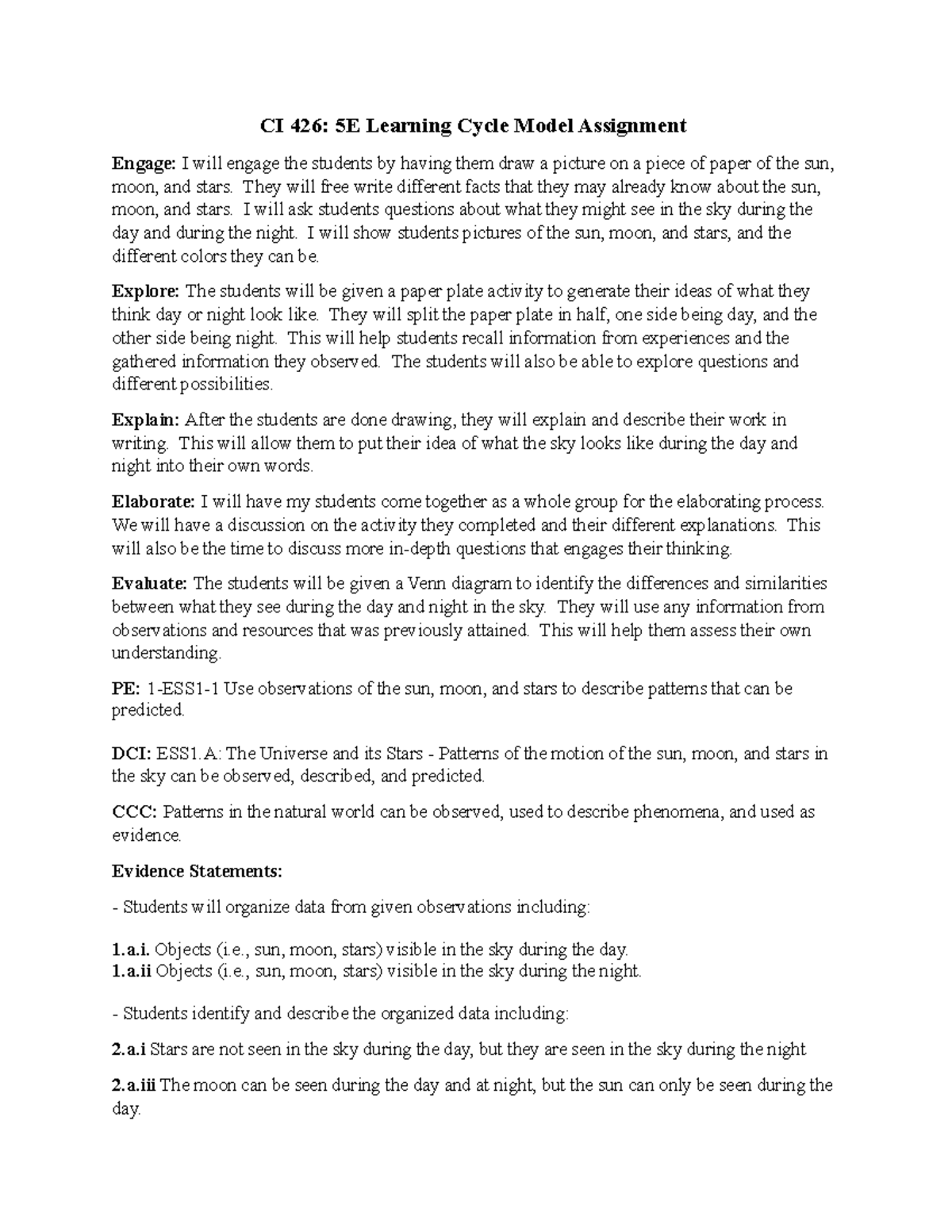 5E Learning Cycle Model Assignment - CI 426: 5E Learning Cycle Model ...