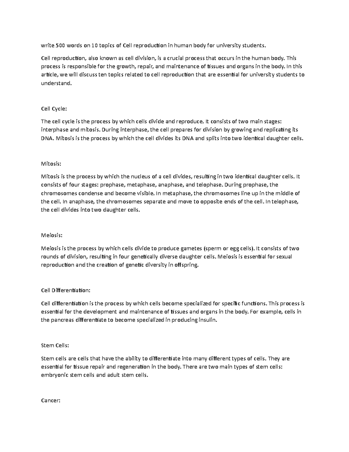 Write 500 words on 10 topics of Cell reproduction in human body for ...