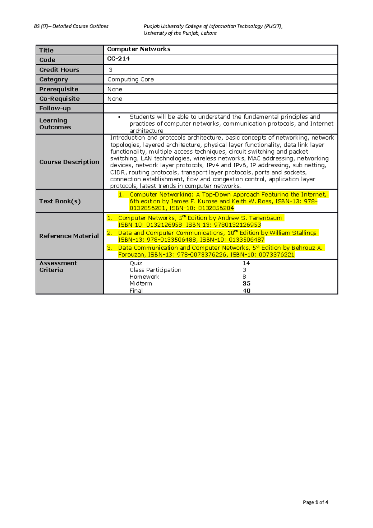 Cc 214 Computer Networks Course Outline University Of The Punjab Lahore Title Computer 5331
