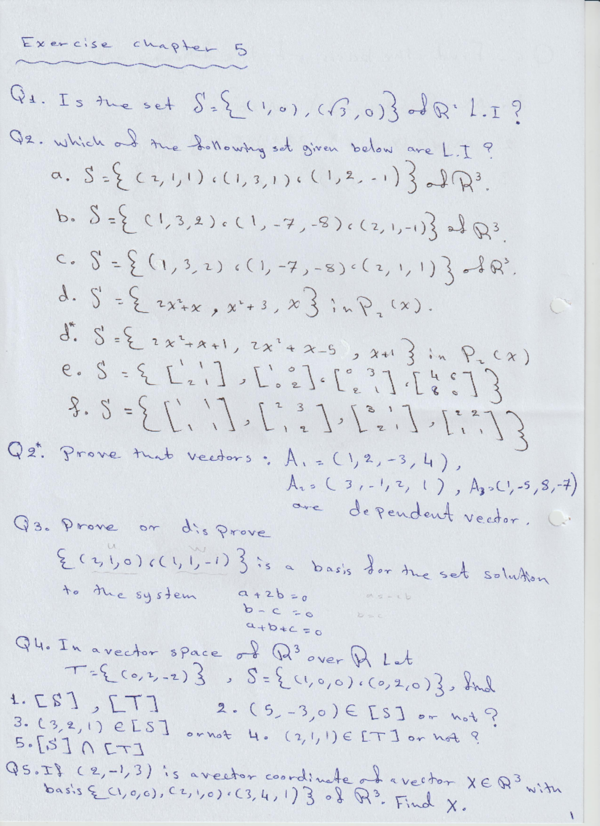 LACH5EX - Linear algebra - Exercise chapter 5 Q1. Is the set of R. L? Qz. which of the following ...