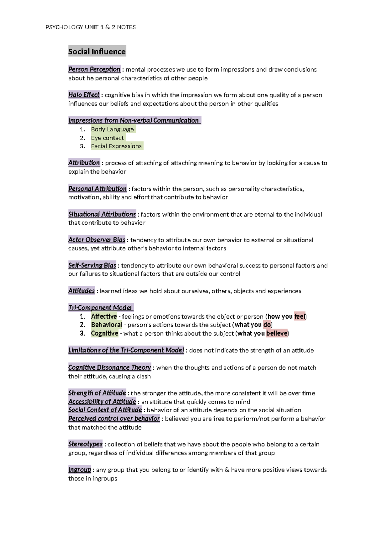 psych 3 4 notes - Social Influence Person Perception : mental processes ...