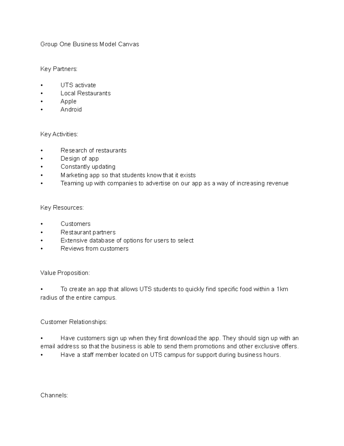 BMC - Lecture notes 1-4 - Group One Business Model Canvas Key Partners ...