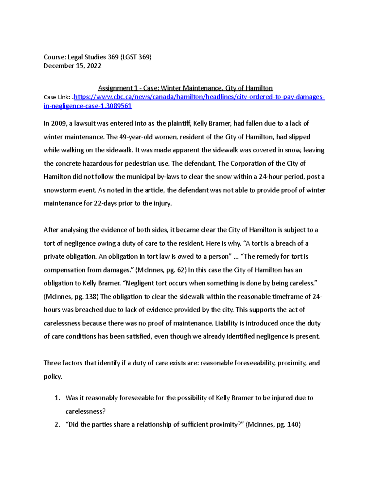 Assignment 1 - Course: Legal Studies 369 (LGST 369) December 15, 2022 ...