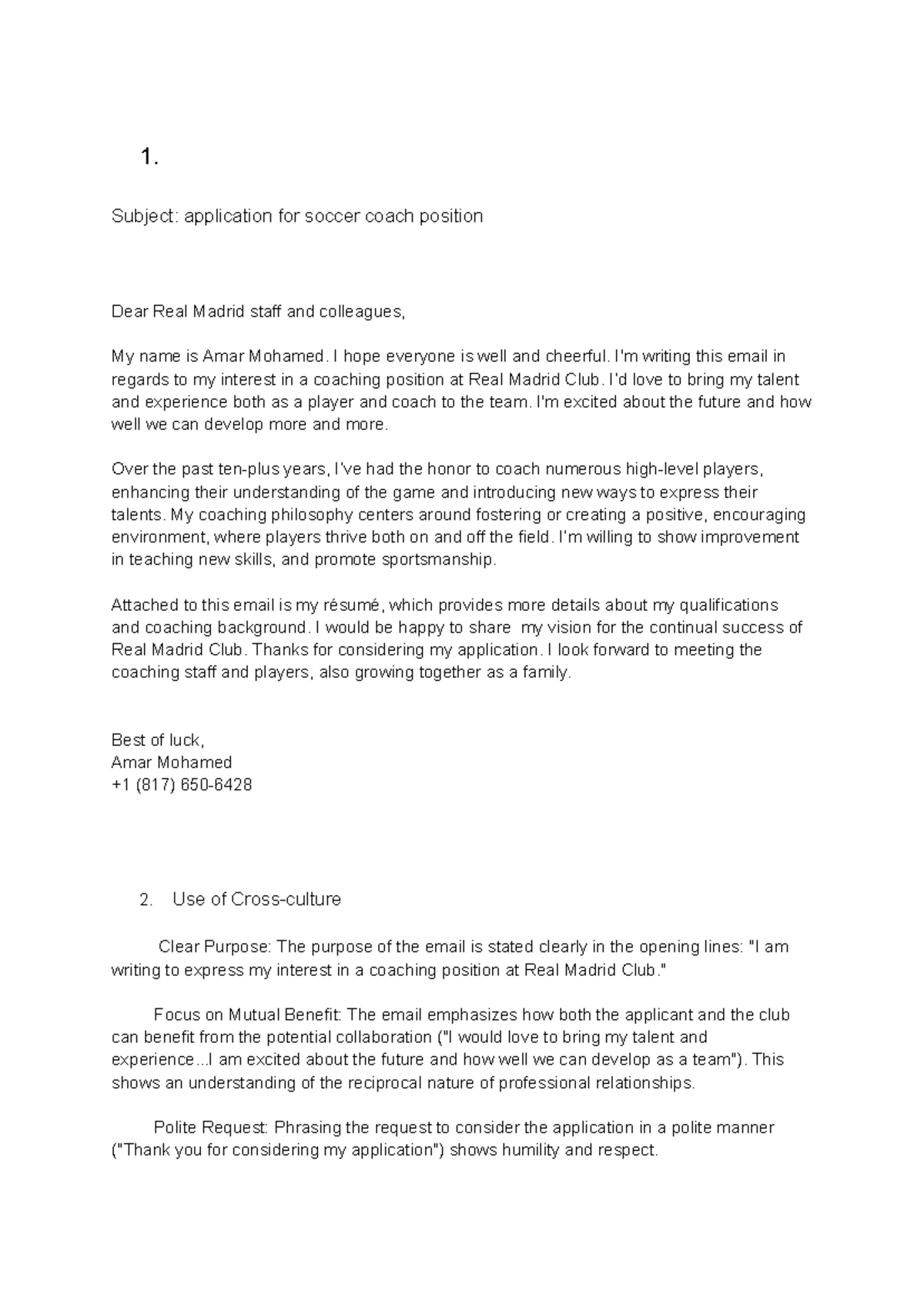 Task1 professional email - 1. Subject: application for soccer coach ...