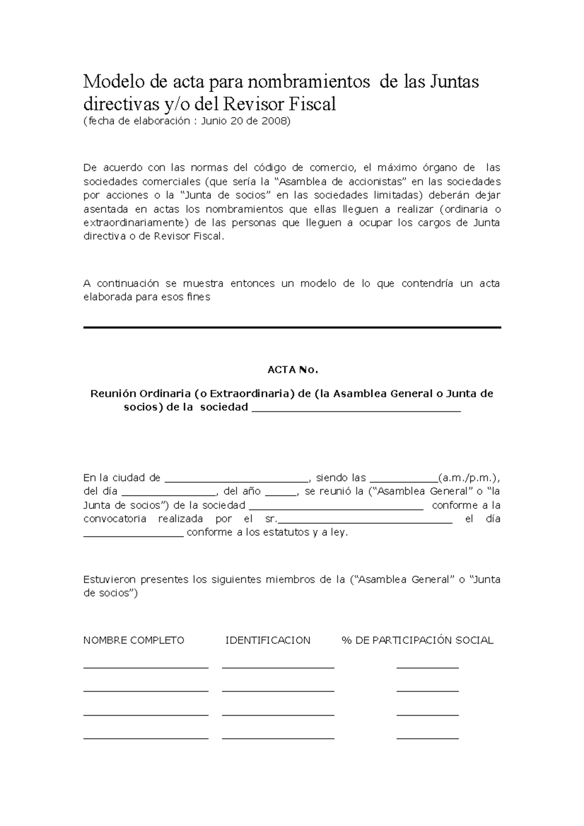 Ejemplo DE ACTA DE Reunion DE Junta Directiva - Modelo de acta para ...