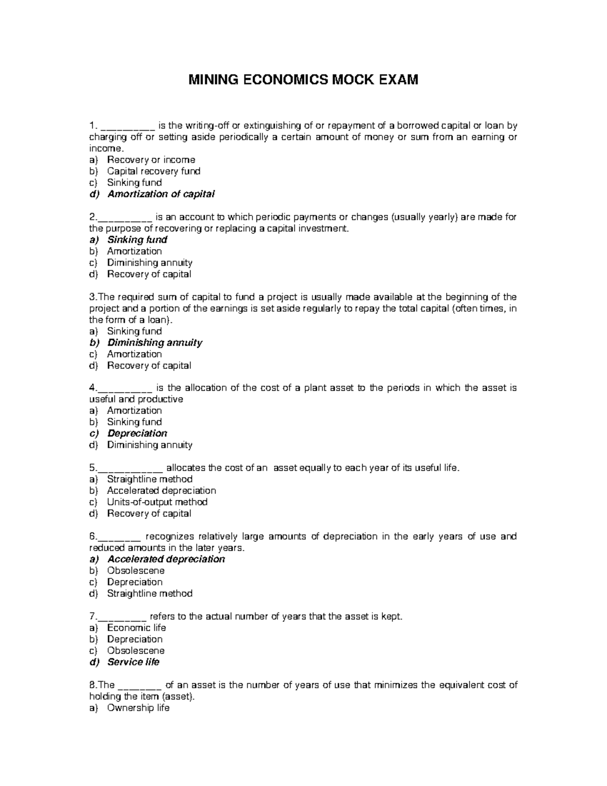 MINE Economics Mock Exam 2 - MINING ECONOMICS MOCK EXAM __________ is ...