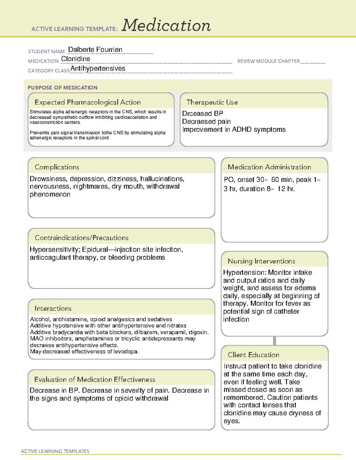 ATI Medication Clonidine - ACTIVE LEARNING TEMPLATES Medication STUDENT ...