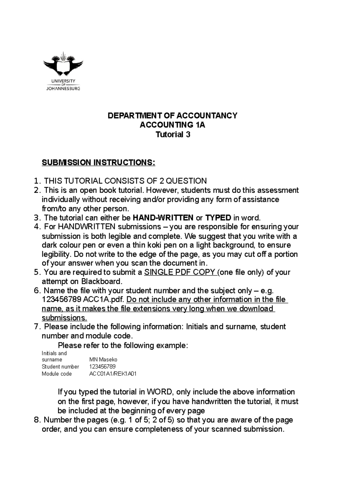 Tutorial 3 Question - DEPARTMENT OF ACCOUNTANCY ACCOUNTING 1A Tutorial ...
