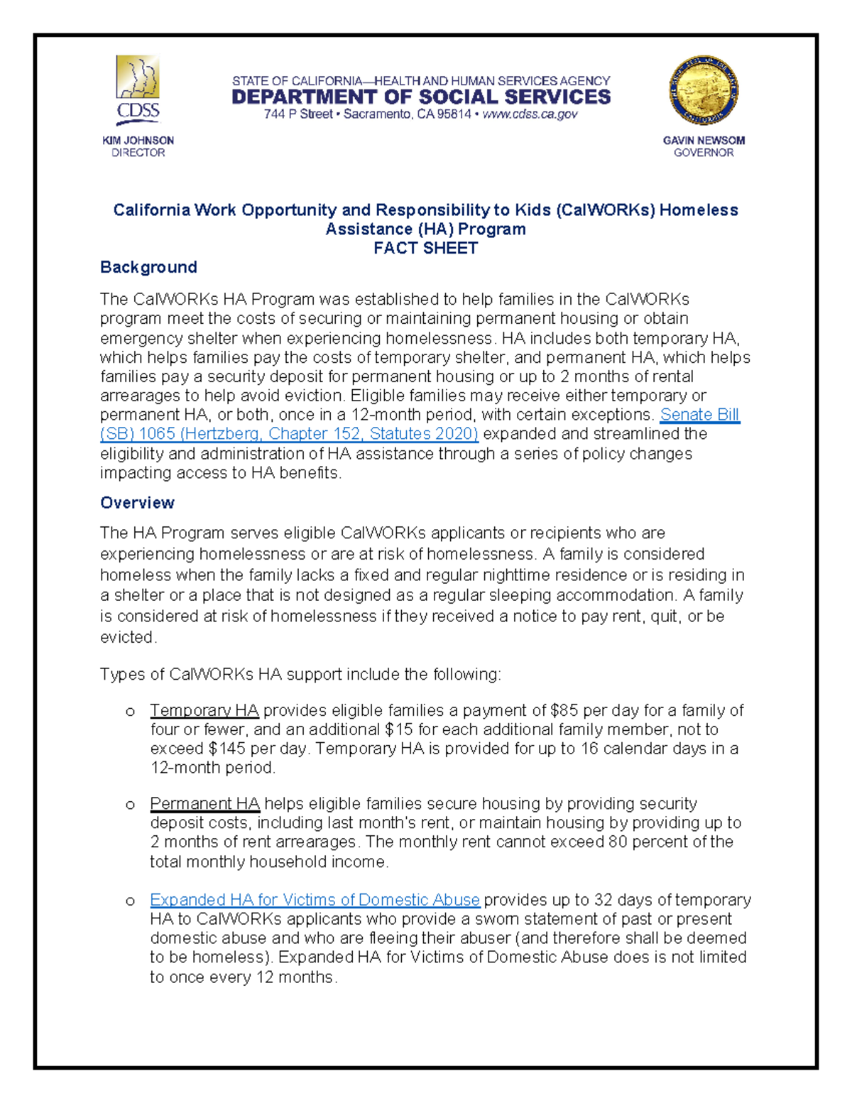 Cal WORKs Homeless Assistance Factsheet - California Work Opportunity ...