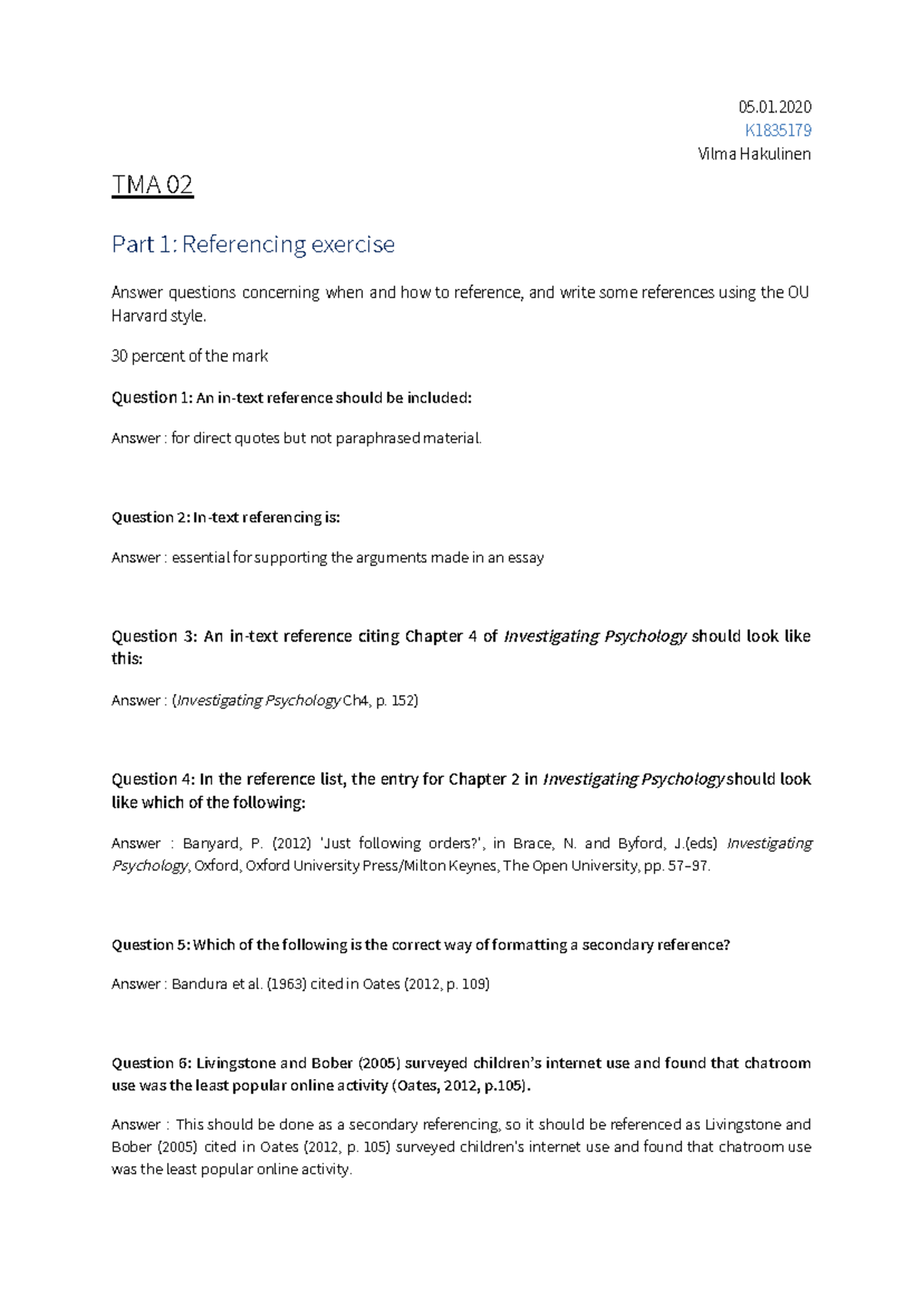 Referencing Exercise and OU Harvard Style - Studocu