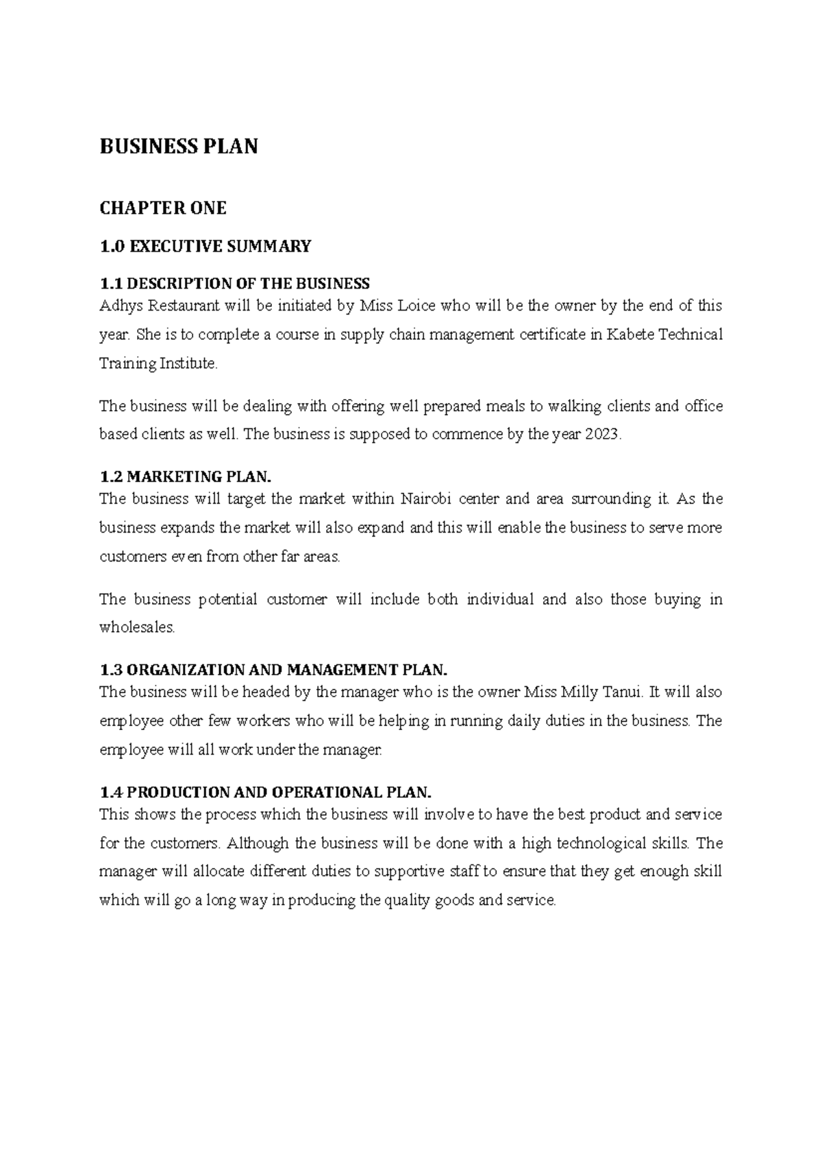 Business PLAN Chapter ONE 1 0 Executive - BUSINESS PLAN CHAPTER ONE 1 ...