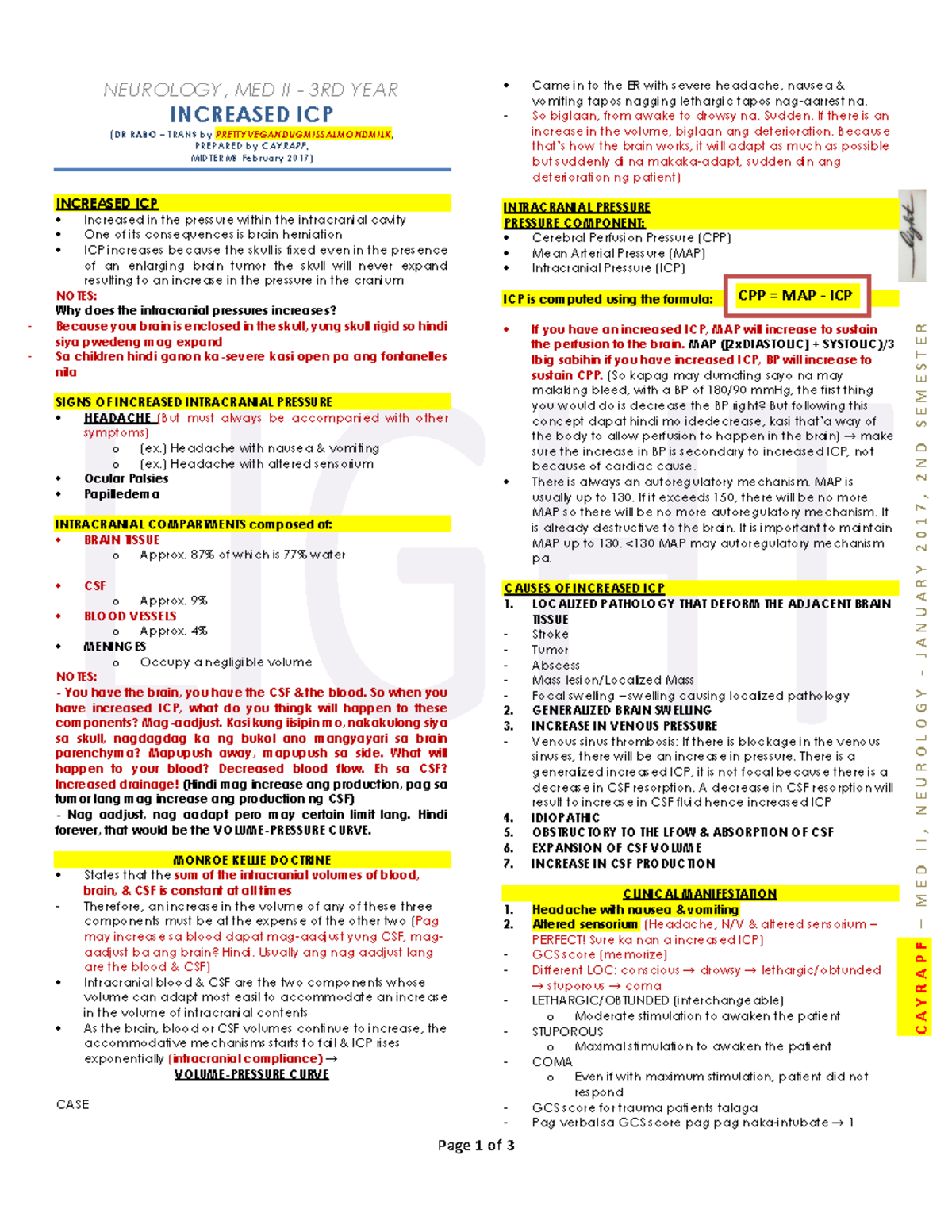 Neuro Increased ICP by DR. Rabo - Page 1 of 3 C A Y R A P F – M E D I I ...
