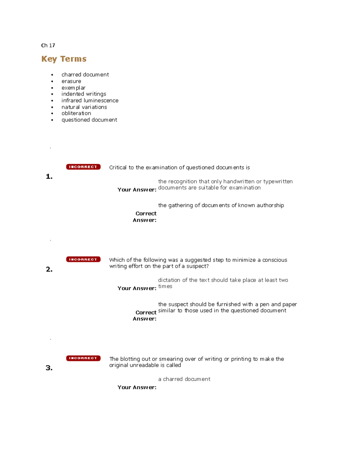 Forensic Science CHAP 17 - Ch 17 Key Terms charred document erasure ...