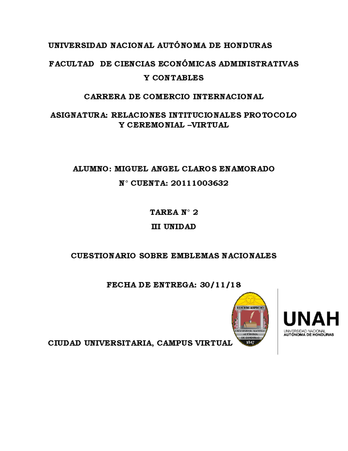 396105715 Claeros Miguel U3T2a2 Prtcl - UNIVERSIDAD NACIONAL AUT”NOMA DE HONDURAS FACULTAD DE ...