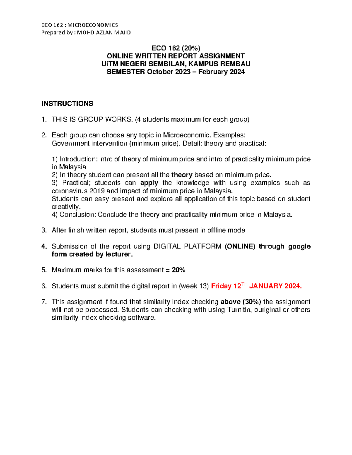 Guideline Online Assignment ECO162 2023-2 - ECO 162 : MICROECONOMICS ...