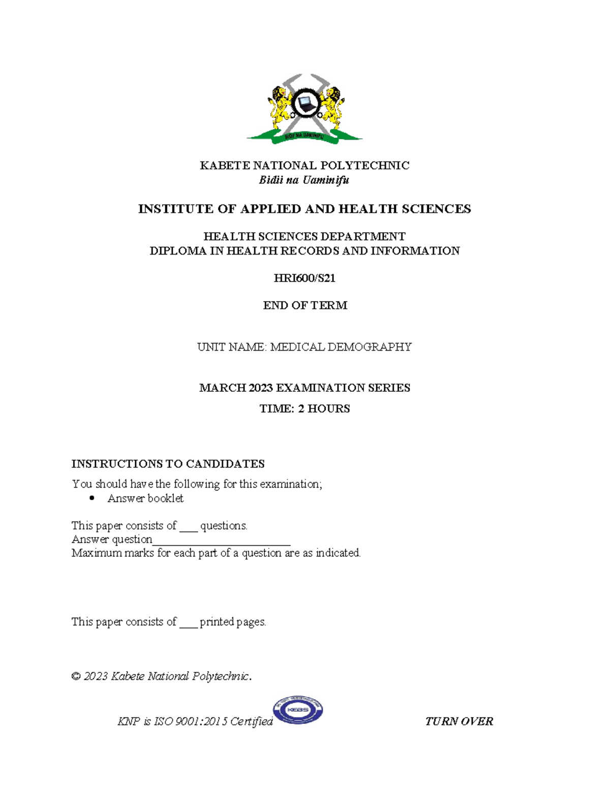 Demography Notes - KABETE NATIONAL POLYTECHNIC Bidii na Uaminifu ...