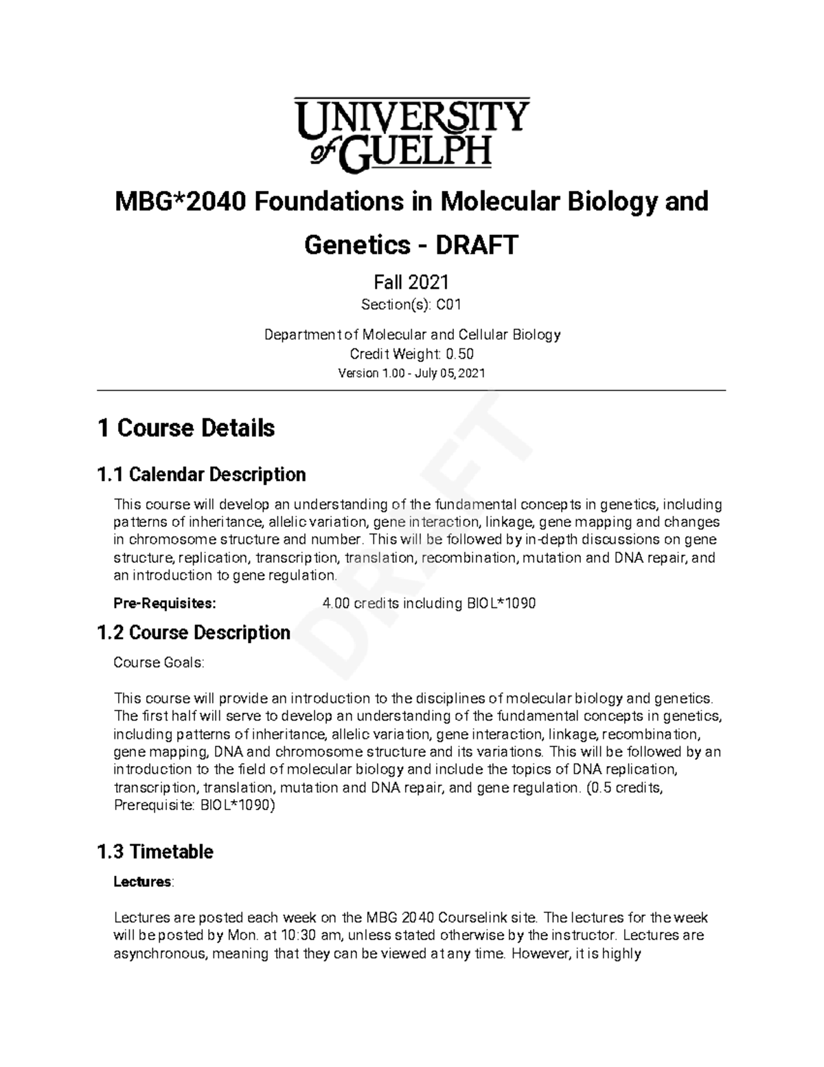 MBG2040-Draft - Course Outline - MBG*2040 Foundations in Molecular ...