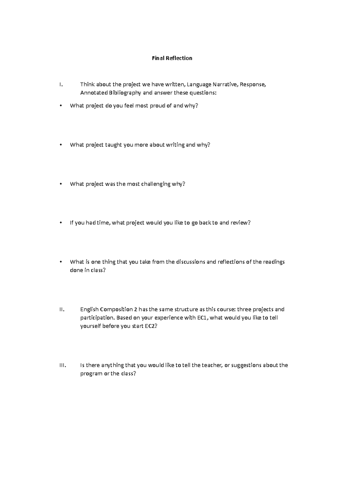 Final Reflection - Think about the project we have written, Language ...