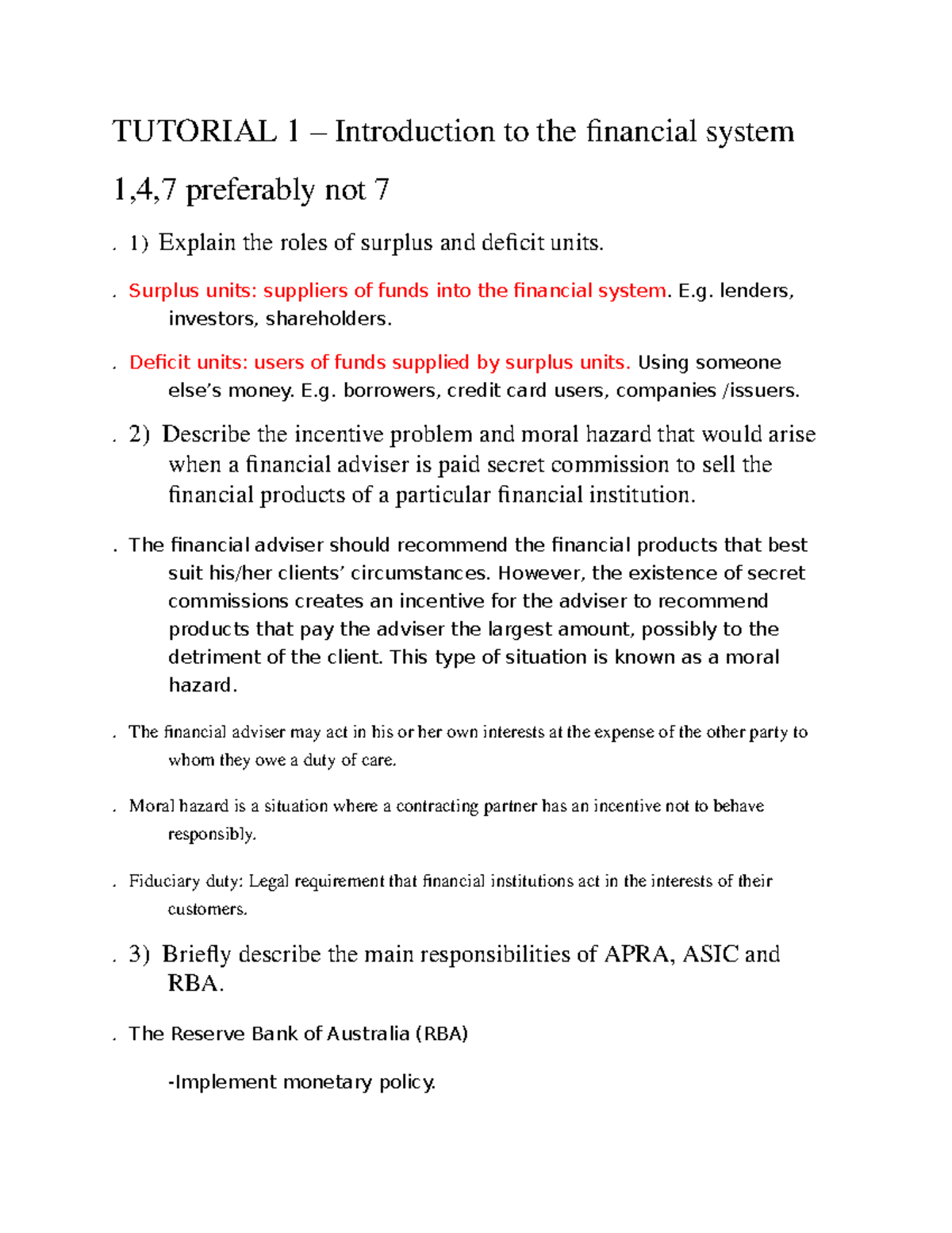 Tutorial 1 Introduction to the financial system - TUTORIAL 1 ...