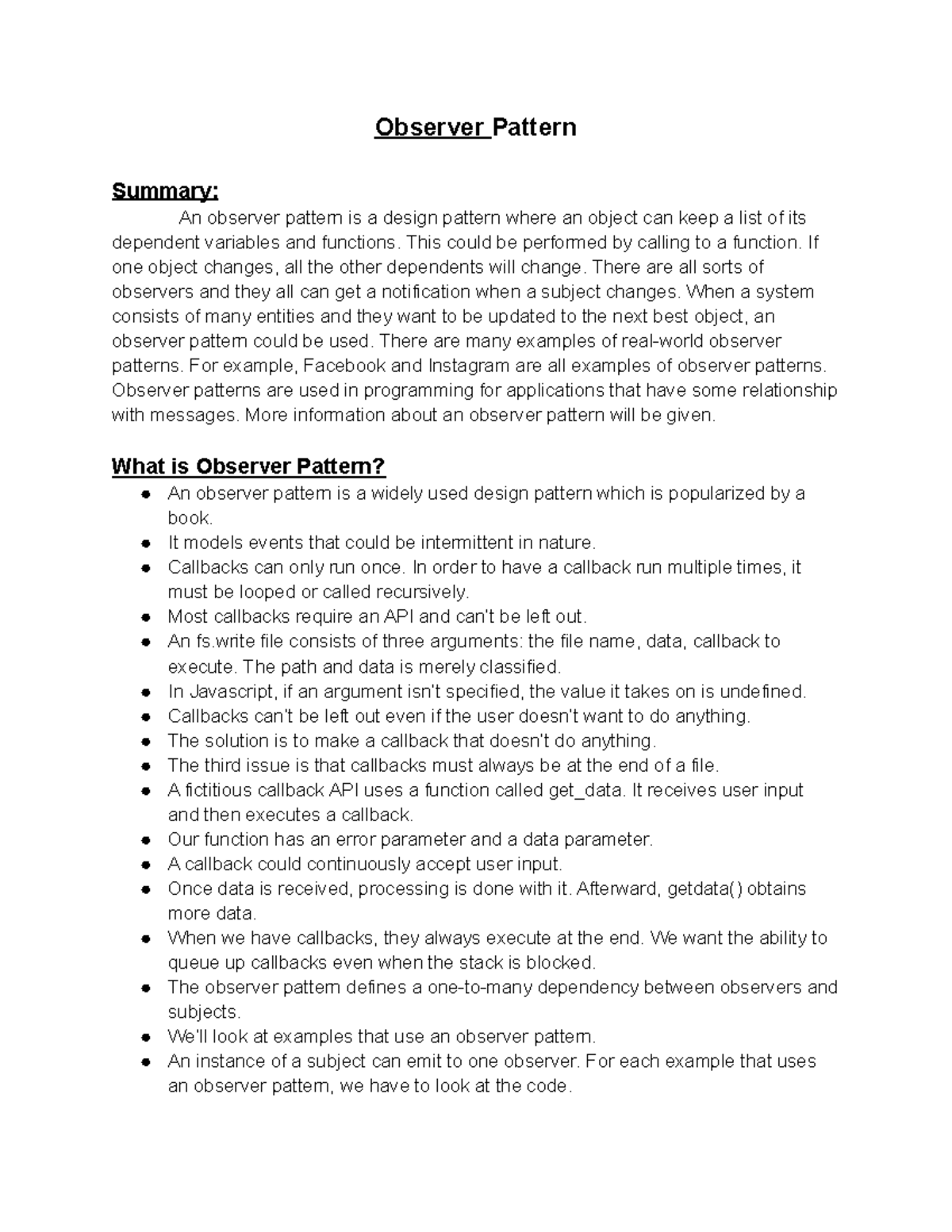 Observer Pattern (C10 & C12) Notes - Observer Pattern Summary: An ...
